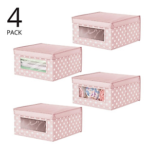mDesign Medium Soft Stackable Fabric Baby Nursery Storage Organizer Holder Bin Box with Front Window and Lid for Child/Kids Bedroom, Playroom, Classroom - 4 Pack - Pink/White Polka Dot