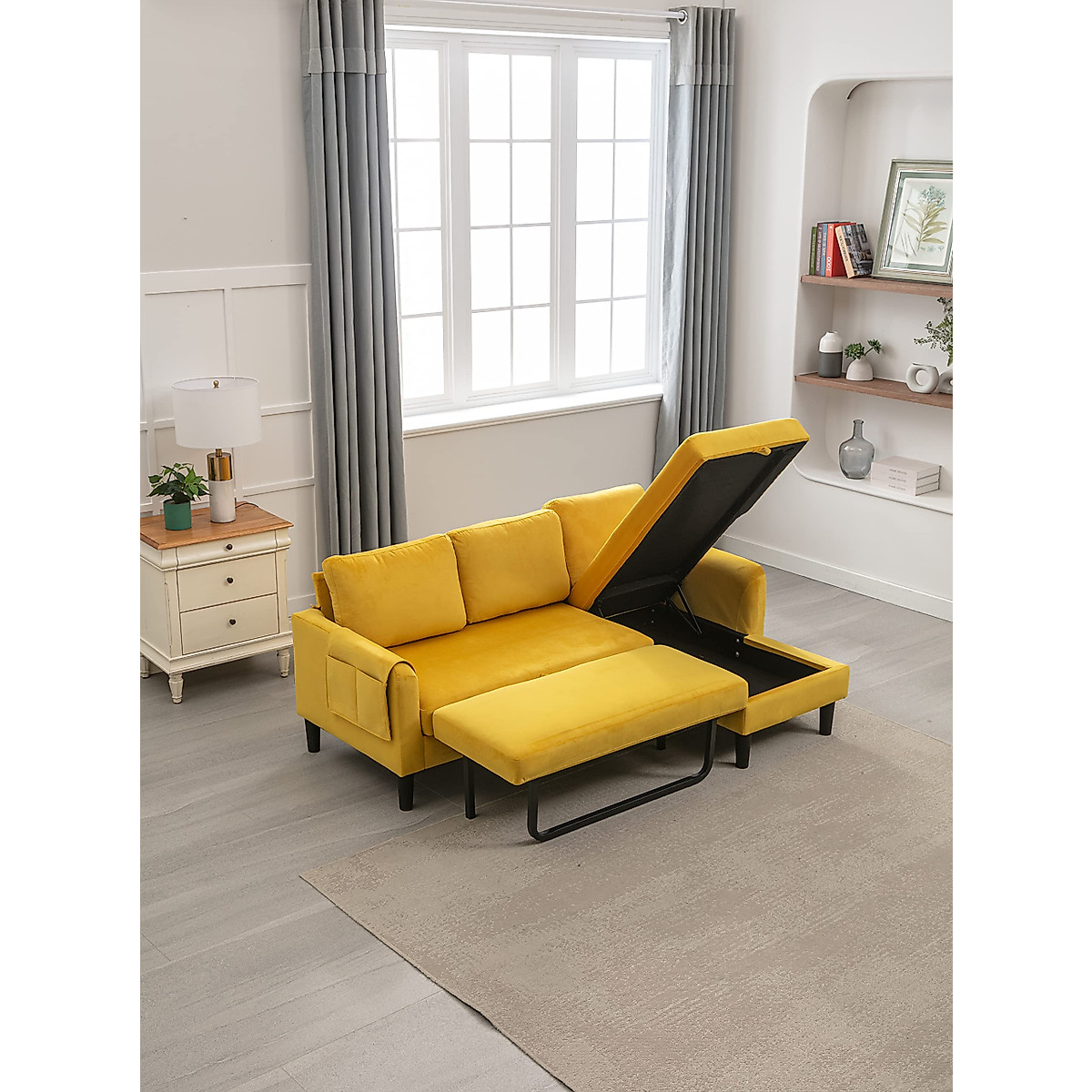 Eafurn 3 Seater Sectional Sofa with Chaise Lounge, L Shaped Convertible Couch Pull Out Bed and Storage, Comfy Velvet Upholstery Corner Sofa & Couches for Living Room Office