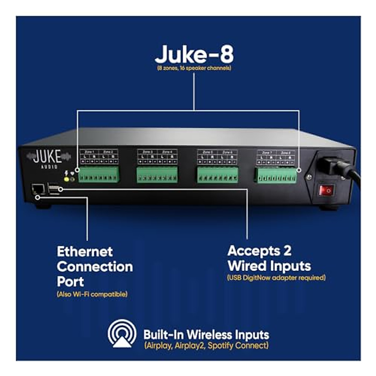 Juke-8: 8 Zone Multi-Room Amplifier | Stream Wirelessly via Airplay 2, Spotify Connect, Bluetooth, DLNA | App Controlled Audio System