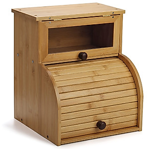 Jucoan Bamboo Bread Box, 2 Layer Large Natural Wooden Bread Storage Box with Window, Roll Top for Kitchen Countertop, Farmhouse Bread Holder Bin Container for Home to Keep Bread Fresh