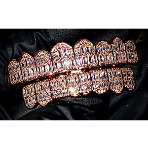 14k Rose Gold Baguette Joker Pink Grillz for Mouth Top Bottom Hip Hop Teeth Grills for Teeth Mouth Grillz for Mouth Top Bottom Hip Hop 8 Teeth Prong Set Cz Diamonds Grills for Tooth