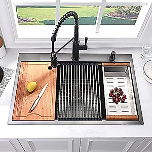 SOMRXO 33 Inch Drop In Kitchen Sink Black Stainless Steel Workstation 33x22 Kitchen Sink Drop In Workstation Sink Topmount 16 Gauge Gunmetal Black Stainless Steel Sink 10"Deep Single Bowl Kitchen Sink