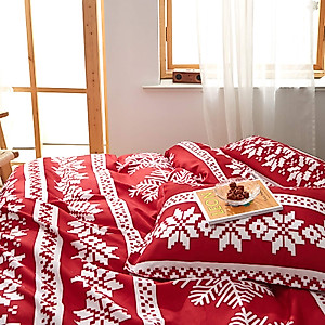 Joyreap 3 Pieces Christmas Duvet Cover Set, Red and White Reindeer Snowflake and Tree Pattern, Soft Breathable Microfiber for All Season, 1 Duvet Cover and 2 Pillow Shams (Full/Queen, 90x90 inches)