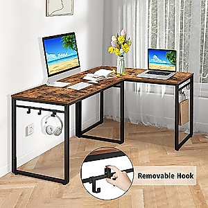Zanzio Computer Desk with 8 Storage Hooks, 51.1 Inches Simple Style Home Office Desk Writing Study Table with Stable Metal Frame, Easy Assembly, Vintage Brown