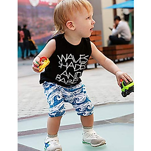 Helbaar Baby Boy Clothes Waves Shades and Babes Print Summer0 6 12 18 24months 2 3 T Black Sleeveless Tops and Wave Short Pants Outfits Set(18-24months)