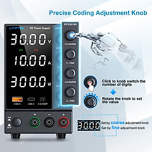 DC Power Supply, Bench Power Supply with Encoder Knob, Adjustable Regulated Power Supply with 5V 3.6A USB & Type-C Quick-Charge, Variable Power Supply with Overcurrent Protection (0-30V 0-10A)
