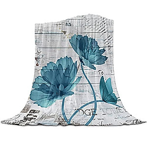 Blue Floral Soft Fleece Throw Blanket, 40x50inch Lightweight Microfiber Blanket, Warm Cozy Couch Bed Sofa TV Blankets for All Seasons, Watercolor Abstract Flowers on Retro Wooden