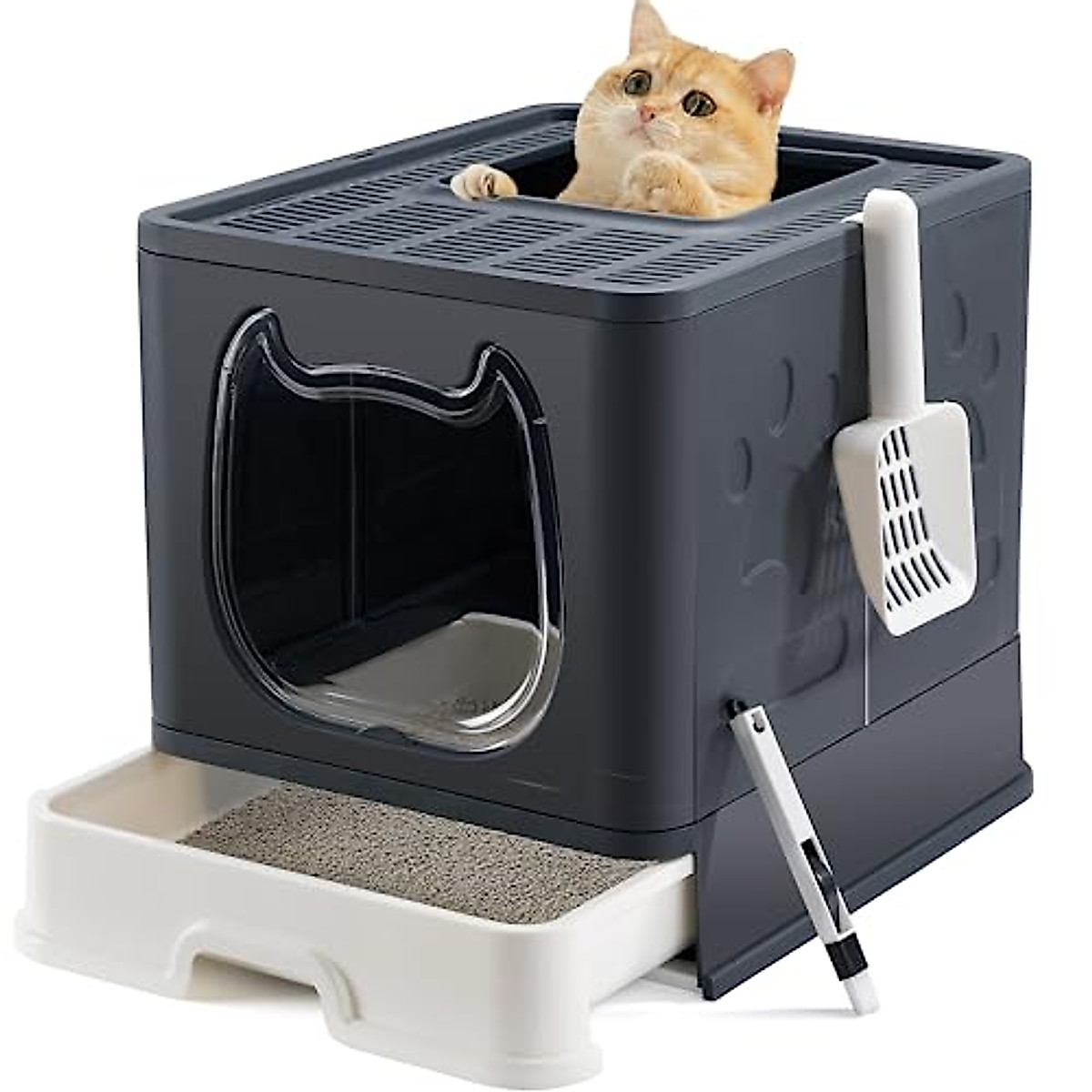 Foldable Cat Litter Box with Lid, Covered Kitten Litter Box with Kitty Litter Scoop and 2 in 1 Brush, Easy to Clean Litter Pan, Enclosed Cats Litter Box