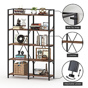BON AUGURE Industrial Bookshelf, Bookcases and Bookshelves Etagere, Tall Large Farmhouse Book Shelves, 5 Tier Open Bookcase, Wood Metal Shelving Unit for Bedroom, Office (Rustic Oak)