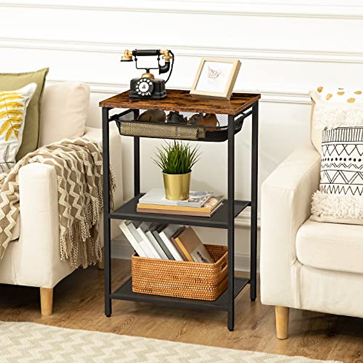HOOBRO Tall Side Table, Industrial End Table with Adjustable Metal Mesh Basket, Telephone Table with Storage Shelf for in Bedroom, Living Room, Hallway, Easy Assembly, Rustic Brown BF02DH01