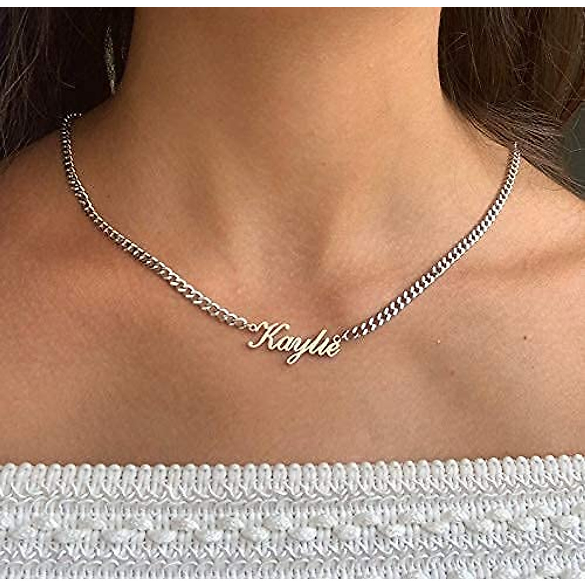 Name Necklace Personalized with Curb Chain, Dainty Custom Necklace with Name for Women 925 Sterling Silver Gothic Style Customized Nameplate Necklace Gift for Christmas