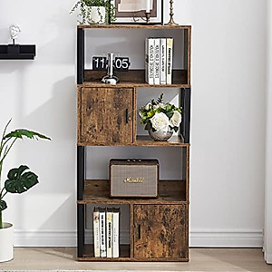 UnaFurni Bookshelf, 5 Tier Narrow Bookshelf with Storage Cabinet, Rustic Wood Bookcases and Book Shelves 5 Shelf for Living Room/Home Office, Rustic Brown