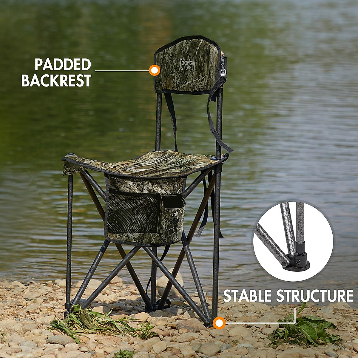 PORTAL Extra Large Quick Folding Tripod Stool with Backrest Fishing Camping Chair with Carry Strap (Camo)