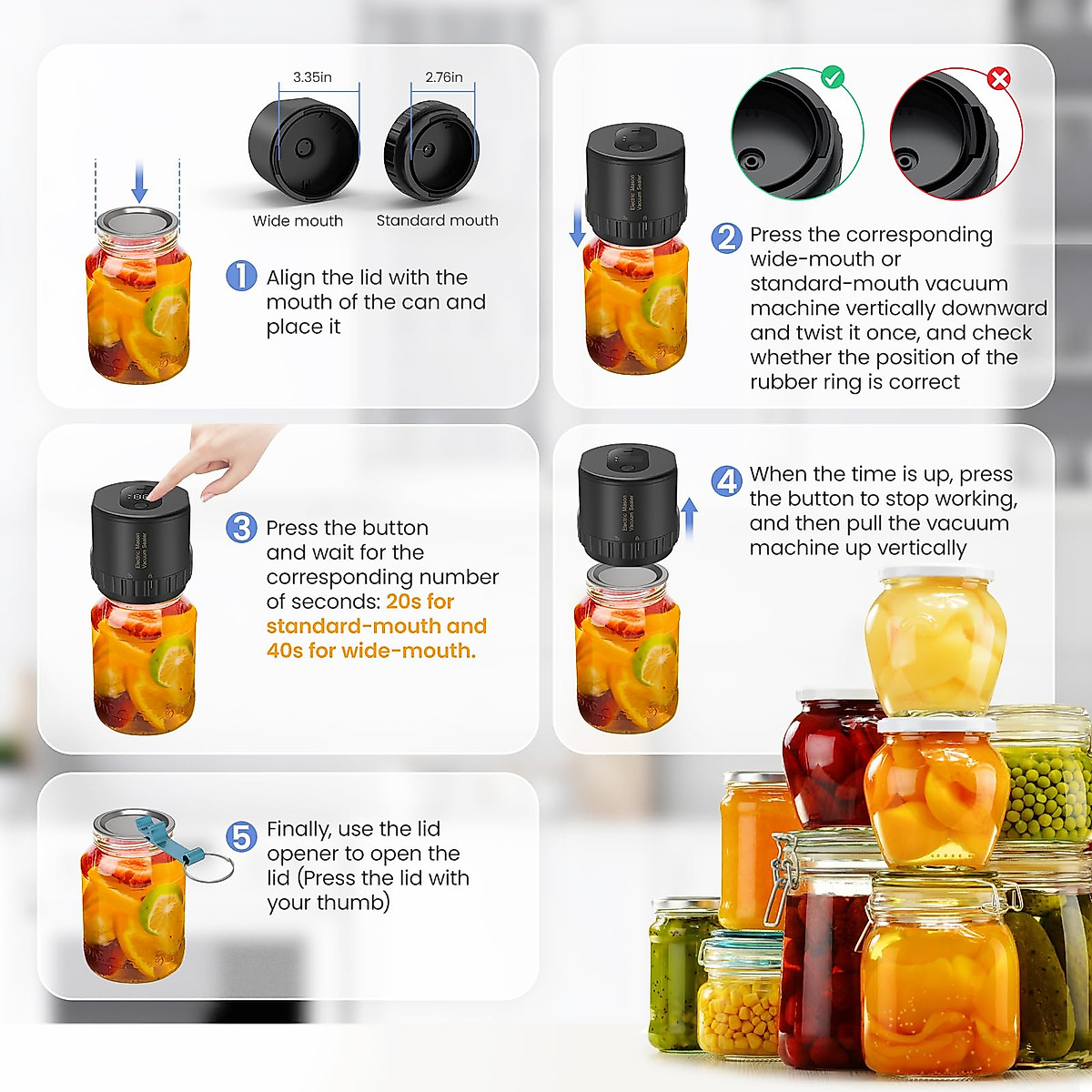 Electric Mason Jar Vacuum Sealer - Jar Vacuum Sealer Kit for Mason Jars with Wide & Regular Mouth for Food Storage, Vacuum Sealing Machine, Multifunctional All-in-One Cordless Canning Vacuum Sealer