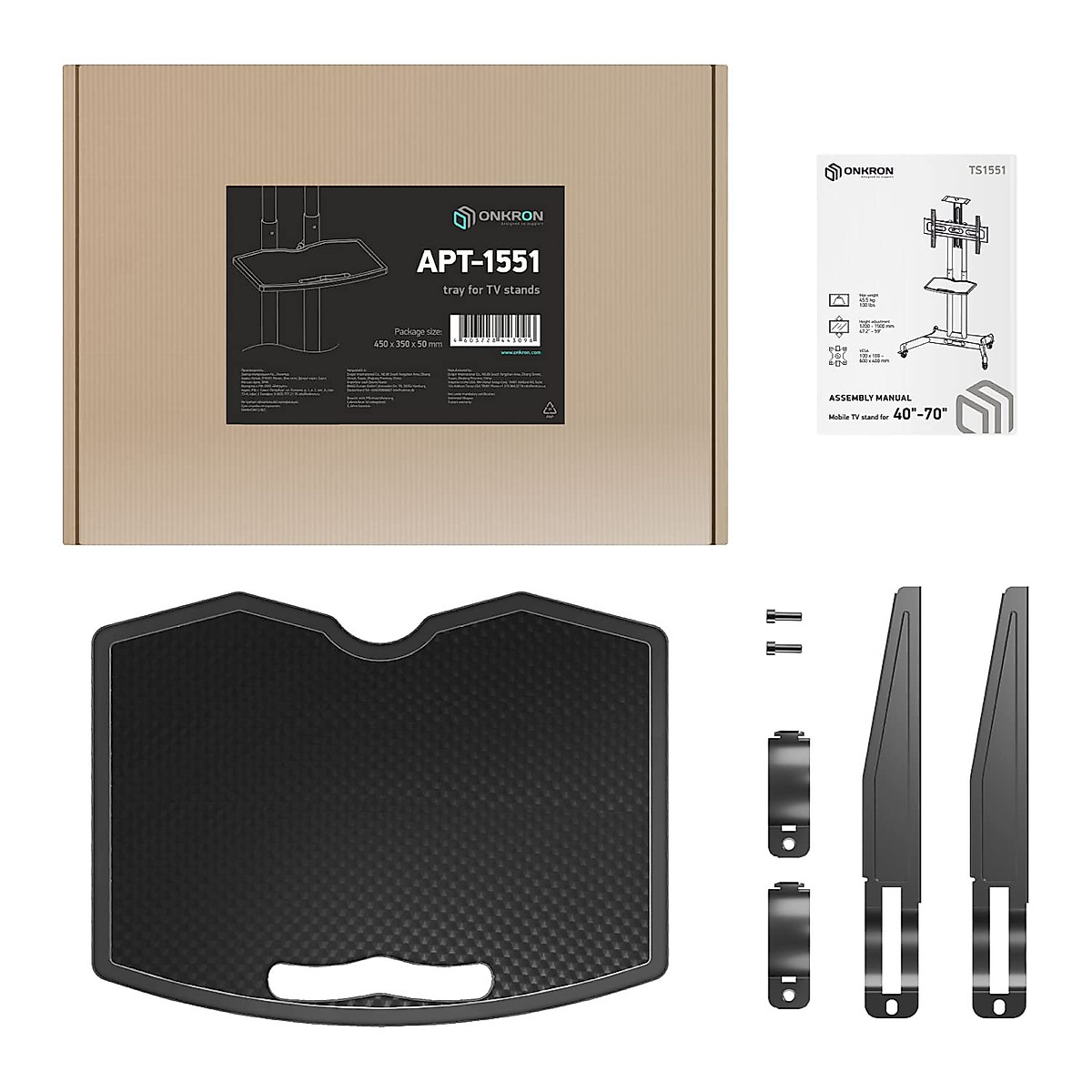 ONKRON Equipment Tray for Mobile TV Stand TV Cart TS1551/1552 Height Adjustable Shelf Black (APT1551)