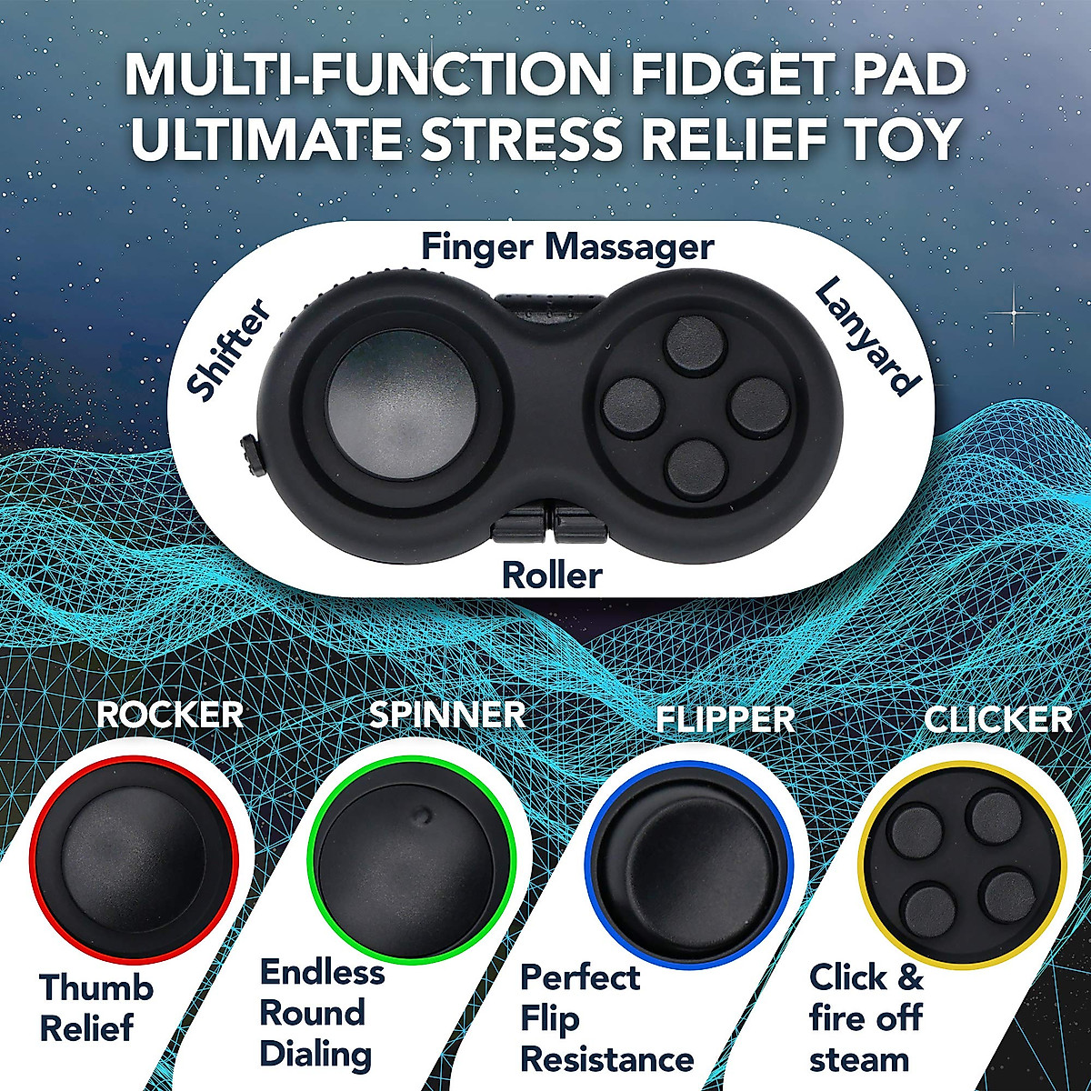 DUDDY-CAM™ Fidget Pad 8 Fun Features, Handheld Fidget Retro Controller Game Pad, Focus Toy, Anxiety Stress Relief Sensory for Children, Adults, ADD, ADHD & Skin Picker + Lanyard (Colorful)