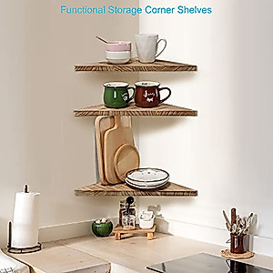 Joiishom Corner Wall Shelf Set of 3, Floating Corner Shelves for Wall, Rustic Wood Wall Storage Display Shelves for Living Room Bedroom Bathroom Kitchen (Carbonized Wood)