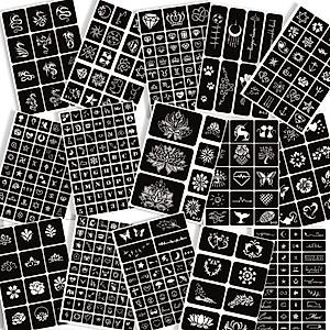 Henna Tattoo Stencils Kit Reusable for Women Girls and Kids, 410+ PCS Tattoo Templates,Temporary Indian Arabian Glitter Airbrush Tattoo Stencil Color 01