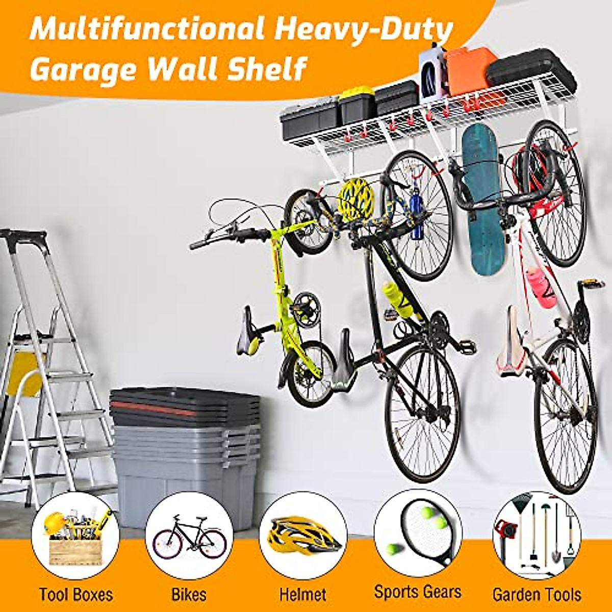 PLKOW Garage Wall Shelving 2-Pack Includes Bike Hooks, Sturdy Adjustable Garage Shelving Wall Mount (White, 2-Pack, New)