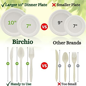 BIRCHIO 250 Piece Biodegradable Paper Plates Set (EXTRA LONG UTENSILS), Disposable Dinnerware Set, Eco Friendly Compostable Plates & Utensil include Plates, Forks, Knives and Spoons for Party