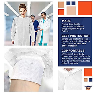 EZGOODZ White Disposable Lab Coat Small, Pack of 10 Unisex Disposable Lab Coats for Adults, SPP 45 GSM Painting Lab Coat Disposable, Plastic Lab Coats with Snaps Front, Knit Cuffs, Collar, 3 Pockets