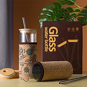 20oz Glass Tumbler with Bamboo Lid and Straw, Wide Mouth Water Tumbler with Protective Sleeve, Drinking Cups, Drinking Jars, Claplante Iced Coffee Cup, Spill Proof Glass Water Bottle, Glass Cup