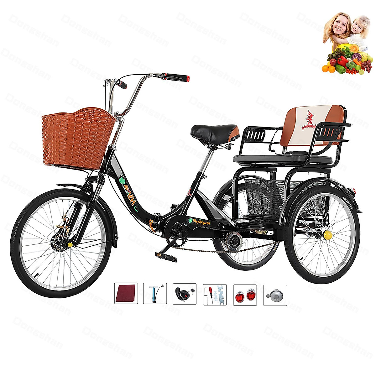 Adult Tricycle Folding Bicycle Comfortable seat 3 Wheel Bicycle Rear Enlarged Vegetable Basket Double Chain 20inch Shock Absorber Front Fork for Parents and Children Maximum Load 440lbs (Black)