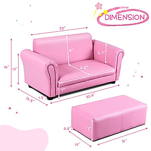 INFANS 2 Seat Children Sofa, Upholstered Couch with Footstool Sturdy Wood Construction, Armrest Couch for Preschool Children Boys Girls, Kid Couch Lounge Bed with Ottoman (Pink)