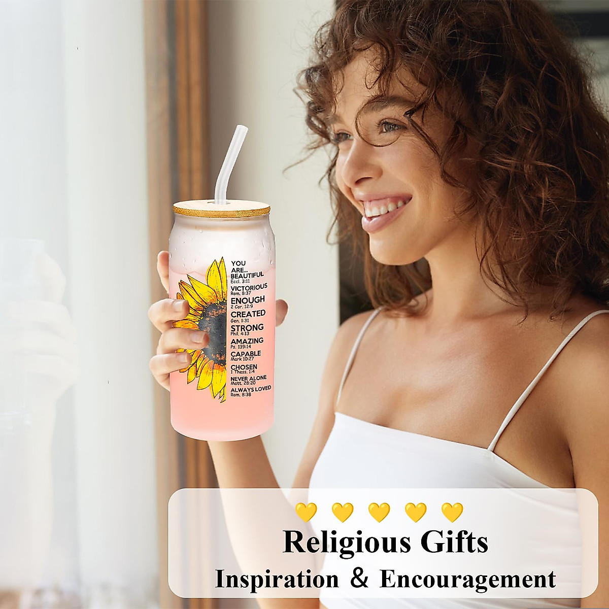 Christian Gifts for Women, Catholic Faith Religious Gift, Friendship Birthday Gifts for Friends, Spiritual Inspirational ＆ Encouragement-20 oz Can Glass, Uplifting Sunflower Gift for Sister, Mom