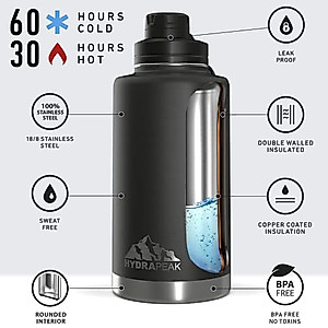 Hydrapeak 50oz Insulated Large Water Bottle - Leak Proof Stainless Steel Water Flask, Double Wall Vacuum Insulation Keeps Drinks COLD for 24 Hours and HOT for 12 Hours (Black)