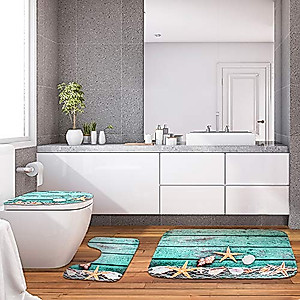 3 Piece Bath Rugs Mat Set, Bath Mat for Bathroom, Bathroom Mats Rugs Flannel Mats, Machine Washable Carpets Floor Mat for Bathroom Kitchen, Tub Toilet Contour Mat Lid Cover, Beach Starfish Decorations