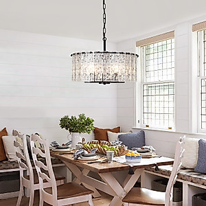 CWarmozy 19.7'' Luxury Black Chandelier for Dining Room 5-Light Modern Crystal Chandeliers Water Ripple Glass Light Fixture Elegant Ceiling Hanging Light for Kitchen Island Bedroom Living Room