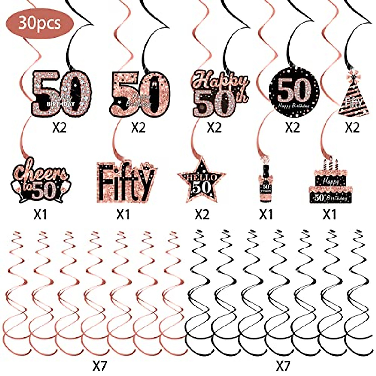 30Pcs Rose Gold 50th Birthday Hanging Swirl Decorations for Women, Cheers to 50 Years Birthday Foil Swirls Party Supplies, Fifty Bday Ceiling Hanging Sign Decor