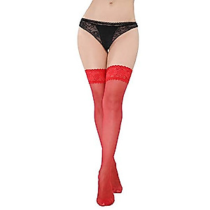 4 Pairs Women Thigh High Stocking Silicone Lace Top Stockings Silky Stocking Tights for Women Girls (Black, White, Nude, Red, Large)