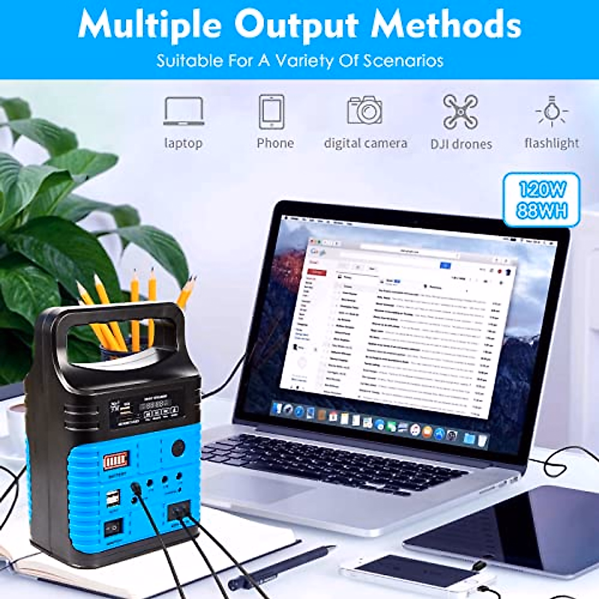 Solar Generator - Portable Power Station for Emergency Power Supply,Portable Generators for Camping,Home Use&Outdoor,Solar Powered Generator With Panel Including 3 Sets LED Light (blue)