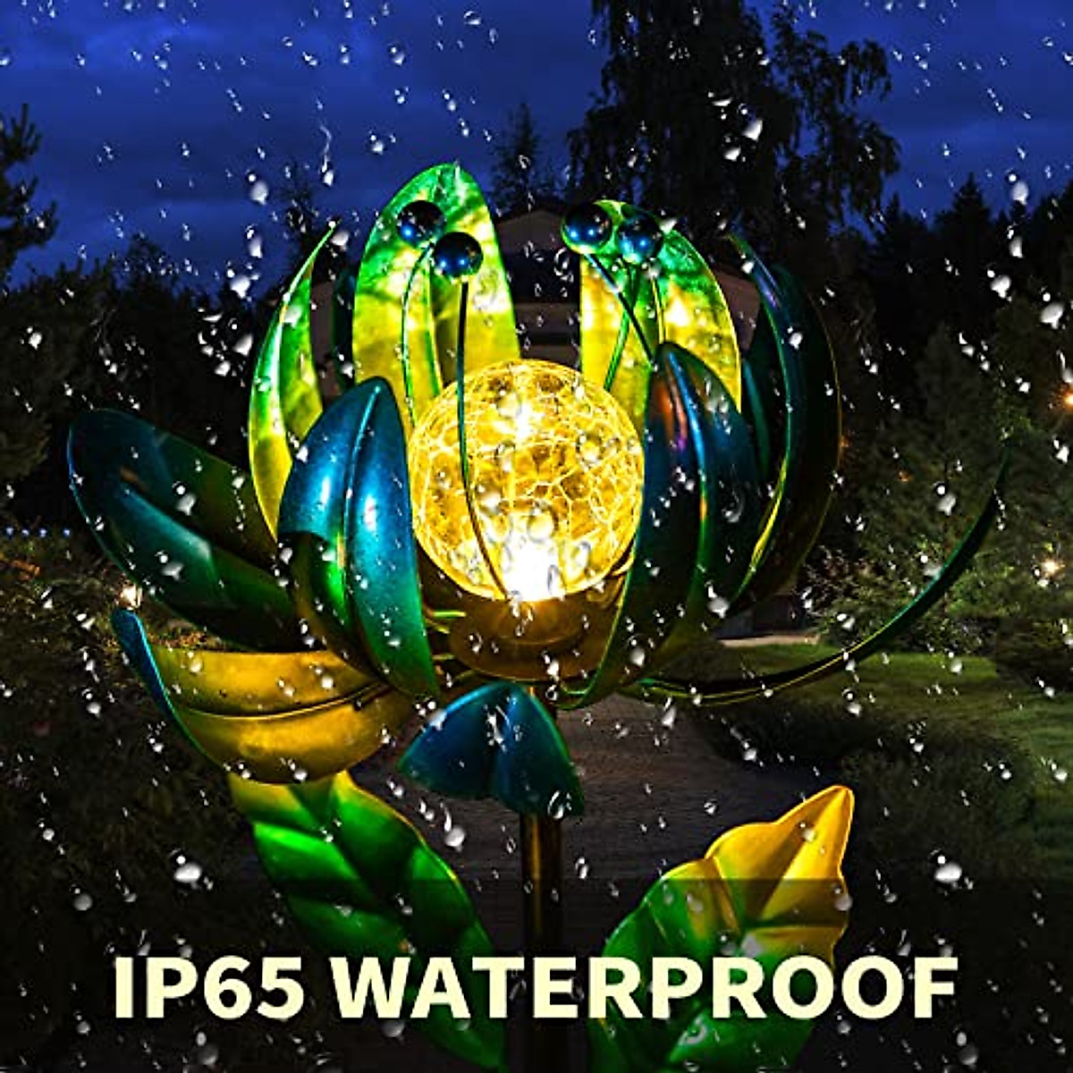 Solar Yard Lights Wind Spinners- Metal Lotus Flower Garden Decor LED Crackle Glass Globe Yard Art Sculpture Solar Stake Lights for Patio Pathway Lawn Walkway