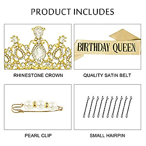 Makone Gold Birthday Decorations Tiara for Women, Birthday Queen Sash and Rhinestone Tiara Set with Combs, Crystal Hair Accessories for Women and Grils Birthday Party Decorations