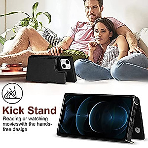 DEFBSC Compatible with iPhone 14 Plus Case, Crossbody Wallet Case, Adjustable Detachable Lanyard Neck Strap with Kickstand Leather Card Holder Protective Cover-Black