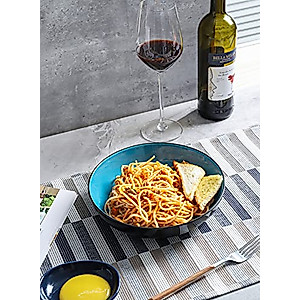 Teocera Pasta Bowls, Large Salad Bowls, Porcelain Bowl Set, Wide and Shallow, Microwave and Dishwasher Safe, 35 Ounce - Set of 4, Black Multi Color