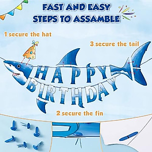 WERNNSAI Shark Happy Birthday Banner - Shark Party Decorations for Kids Boys Pre-strung Shark Birthday Banner Ocean Theme Party Supplies Beach Under The Sea Theme Party Hanging Wall Decor