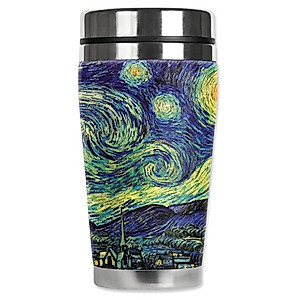 Mugzie Van Gogh Starry Night Travel Mug with Insulated Wetsuit Cover, 16 oz, Black