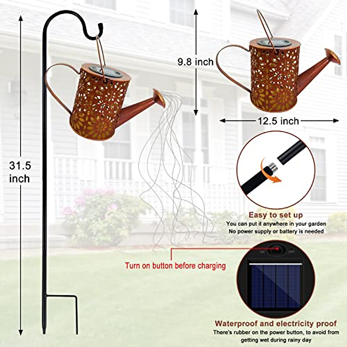 Watering Solar Can Lights Outdoor Waterproof Powered, Large Solar Outdoor Light with Cascading Lights, Solar Lantern Garden Lights with Shepherds Hook for Patio Yard Pathway Mother's Day Gifts