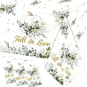 3pcs Fall in Love Bridal Shower Tablecloths Fall in Love Bridal Shower Decor, Green Pumpkin Fall Wedding Shower Table Covers for Engagement Falling in Love Bridal Shower Decorations Favors