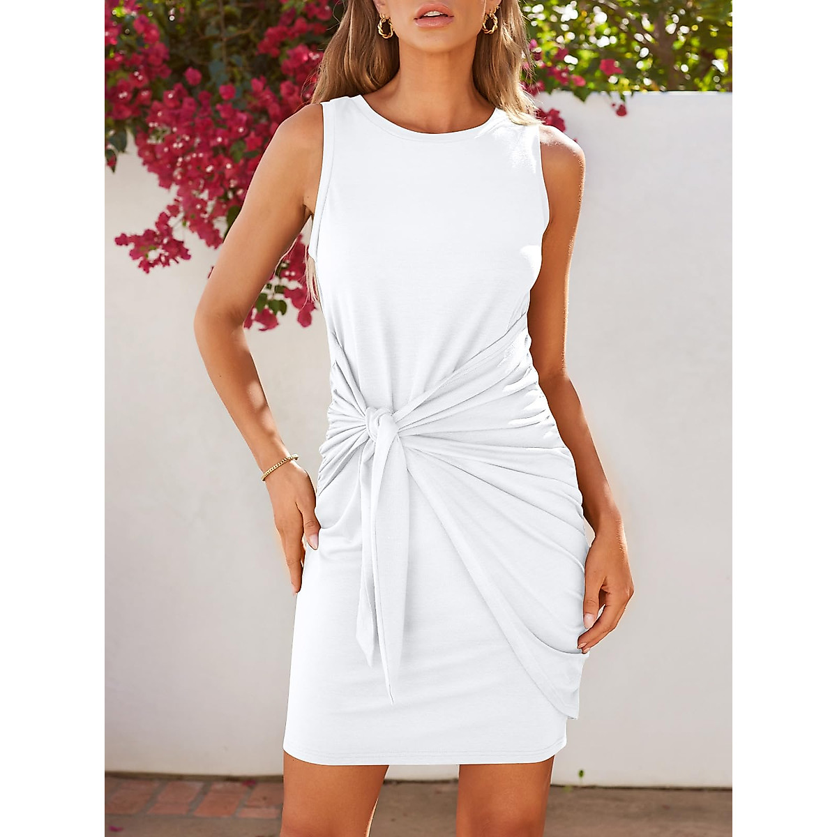 LILLUSORY Women Summer Tie Wrap Tank Short Mini Tshirt Dresses 2025 Trendy Spring Sun Vacation Outfits Casual Work Cute Bodycon Ruched Little T Shirt Sundress Clothes White XL