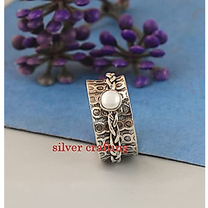 925 Sterling Silver Round Pearl Spinner Ring Handmade Silver Meditation Boho Worry Ring Valentine's Day Bridal Gift (9)