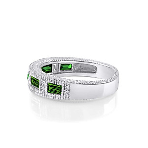 AFFY Emerald Shape Simulated Green Emerald Eternity Band Ring in 14K White Gold Over Sterling Silver, Ring Size: 9.5