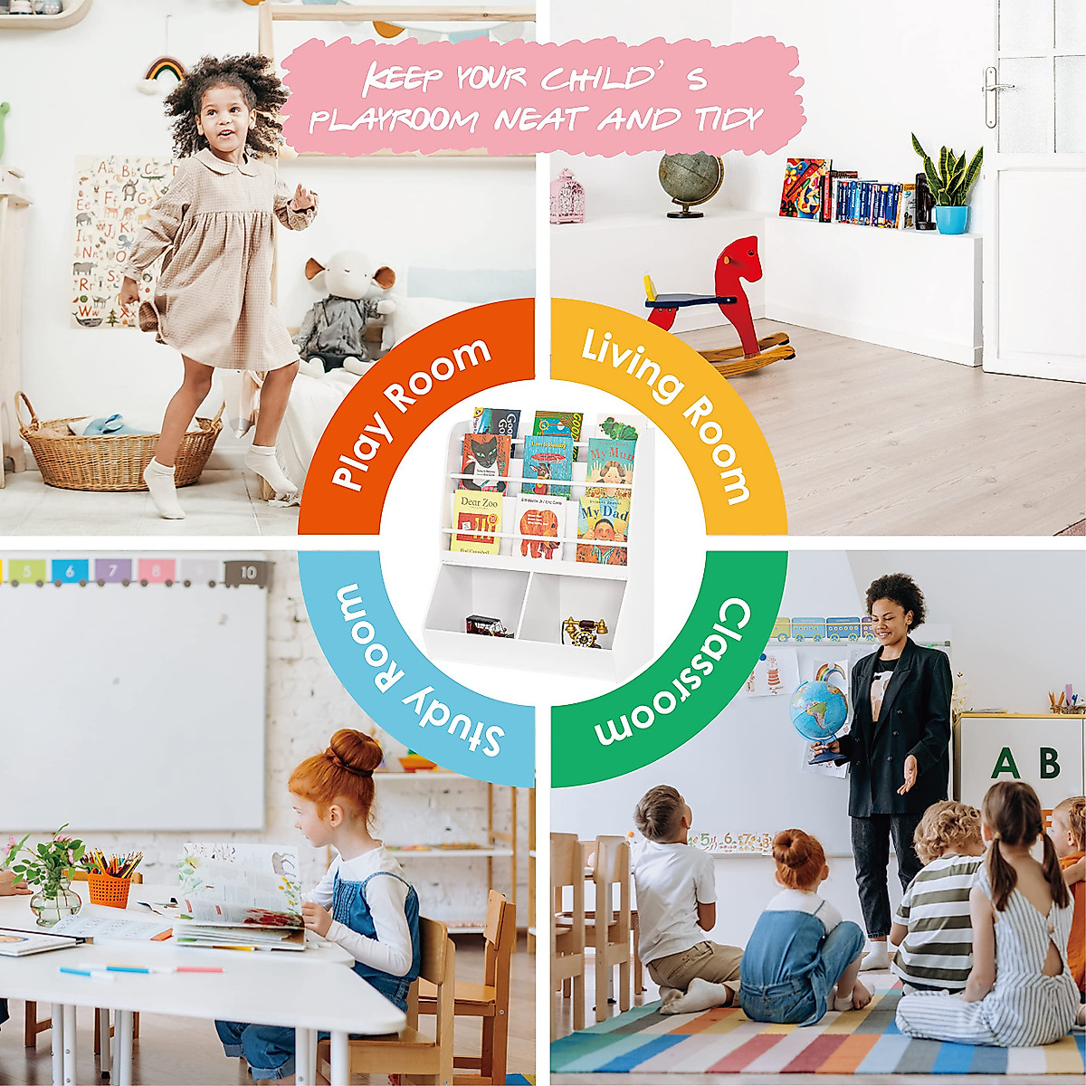 UTEX Kids Bookshelf and Toy Storage Cabinet, Kids Bookcase and Toy Organizer with Cubby, Kids Bookshelves Display Stand, Kids Book Rack for 3 Age+, White