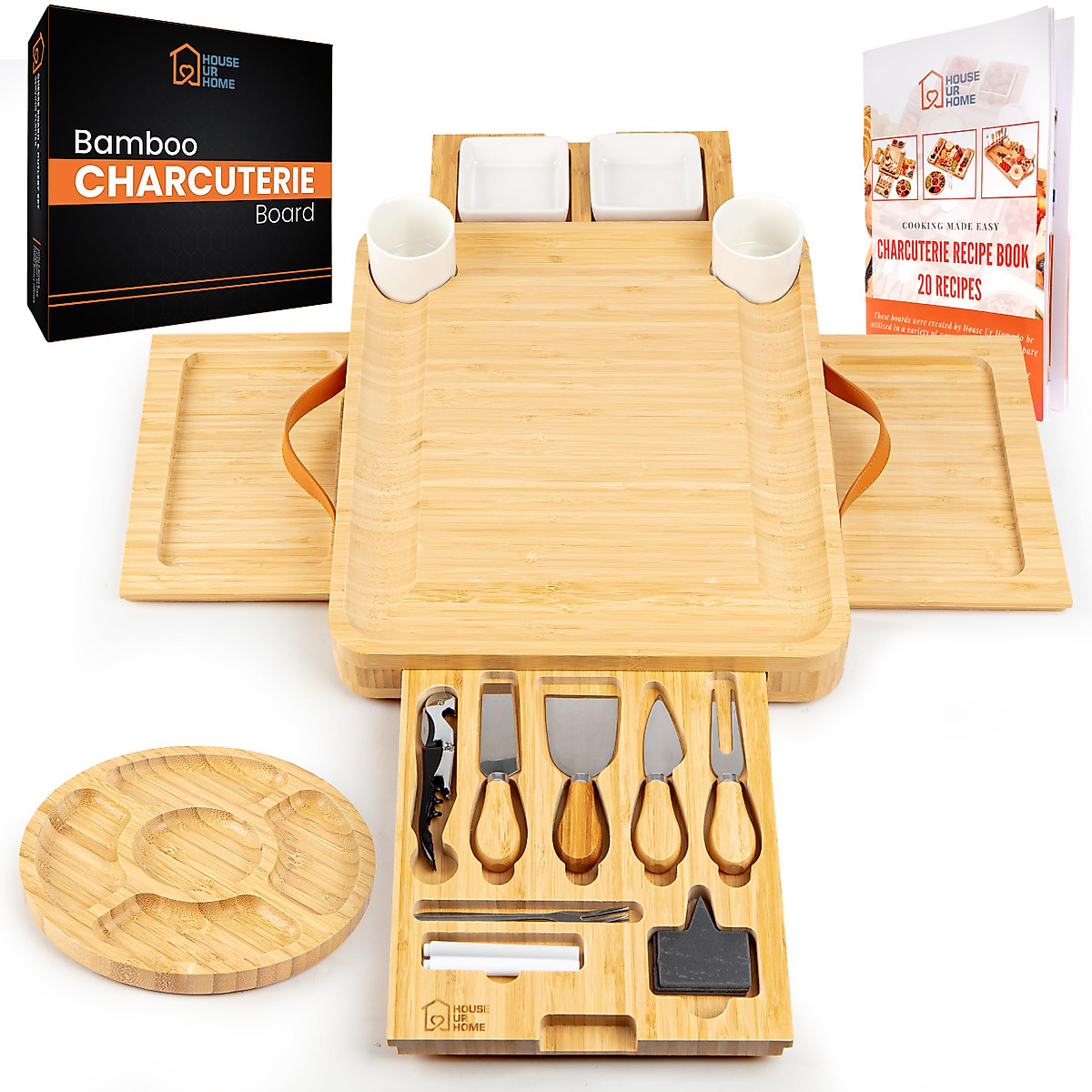 Cheese Board - 2 Ceramic Bowls 2 Serving Plates. Magnetic 4 Drawers Bamboo Charcuterie Cutlery Knife Set, Round Tray, 2 Forks, Wine Opener, Labels, Markers, Gift for Birthdays, Weddings, Housewarming