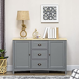 HOMCOM Buffet Cabinet with 3 Storage Drawers and Adjustable Shelves, 2 Door Sideboard with Rubber Wood Top, Coffee Bar for Living Room, Entryway, Grey