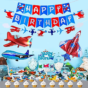 Airplane party decorations, Airplane birthday party supplies,Happy Birthday Banner Airplane Aircraft Garland Foil Latex Balloons Cake Cupcake Toppers for Kids Plane Theme Party Baby Shower Supplies